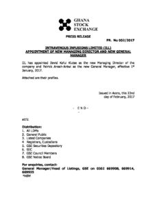 PR – 052 IIL Intravenous Infusions New MD and General Manager | Annual Reports Ghana