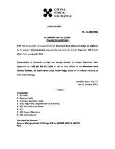 PR – 008 ALW Appoints Merchant Bank as Registrars | Annual Reports Ghana